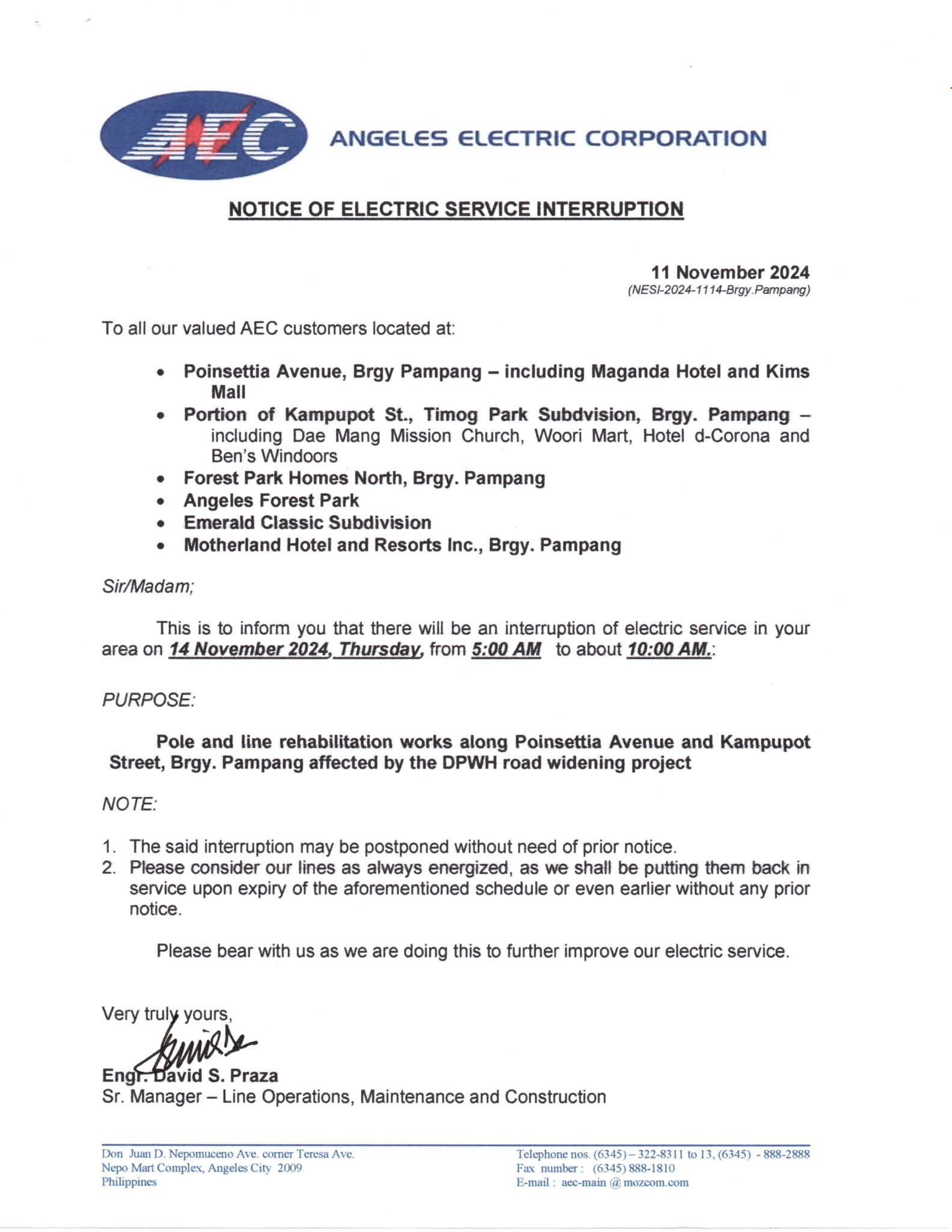 System Advisories – Angeles Electric