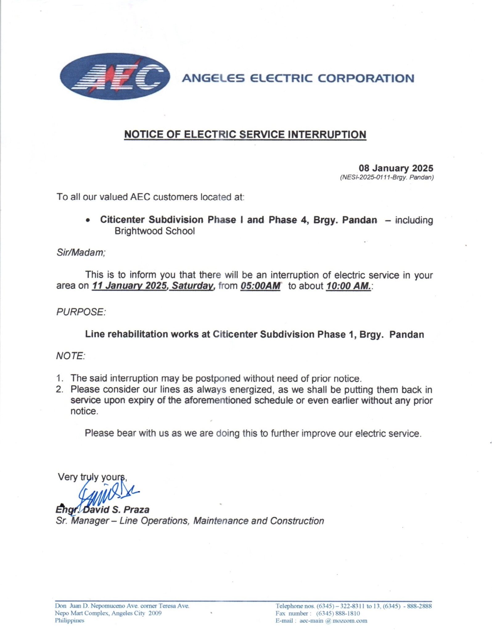System Advisories – Angeles Electric