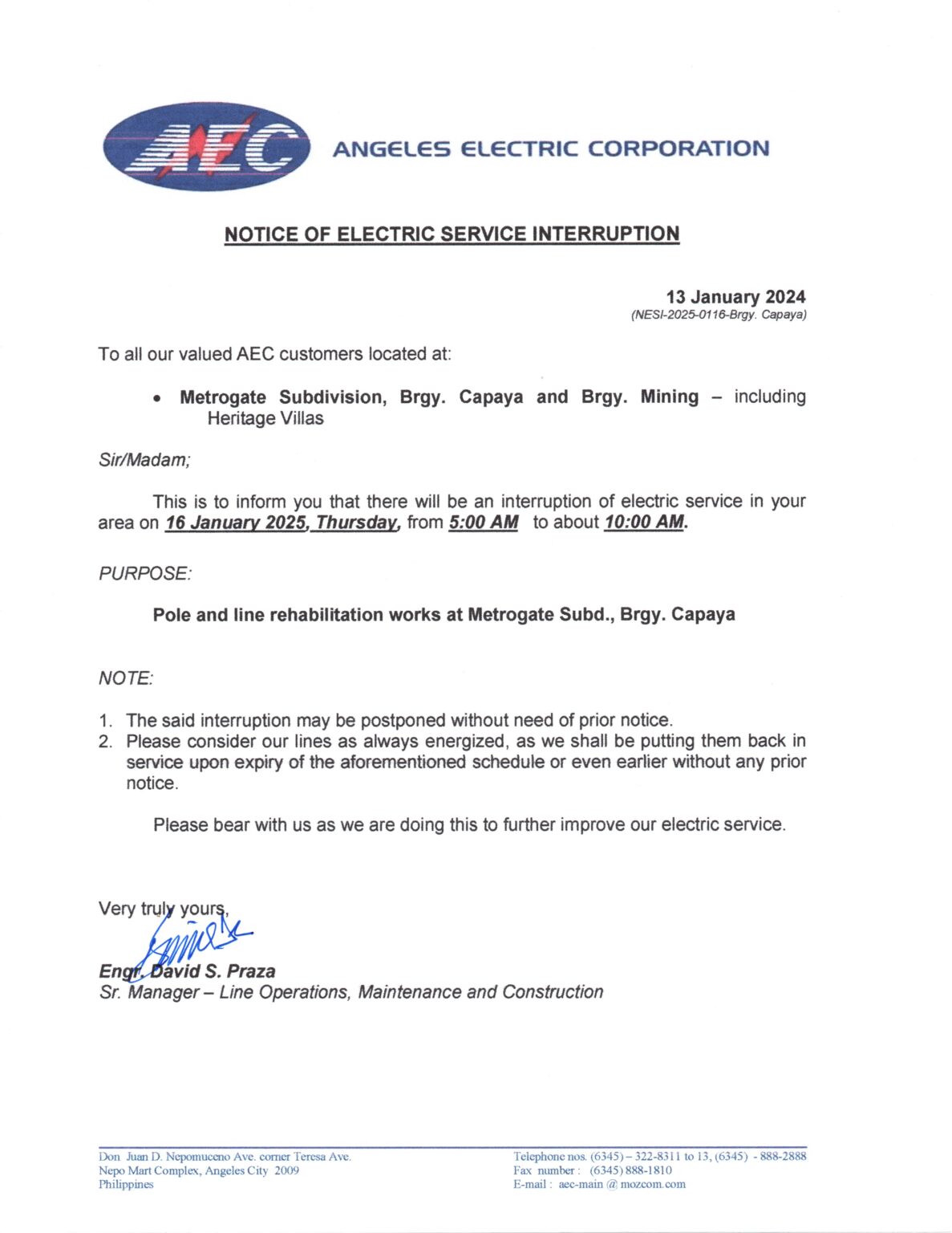 System Advisories – Angeles Electric